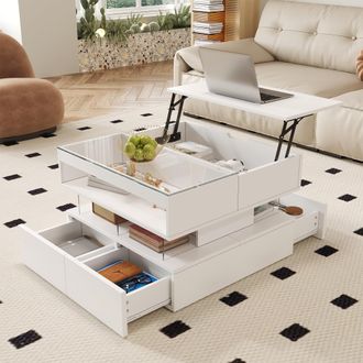 Merax H&ouml;henverstellbarer Couchtisch 70x67x57 cm, Glasplatte, Wohnzimmertisch mit 16-Farbiger LED-Beleuchtung, Stauraum F&auml;chern & Schubladen, moderner Beiste