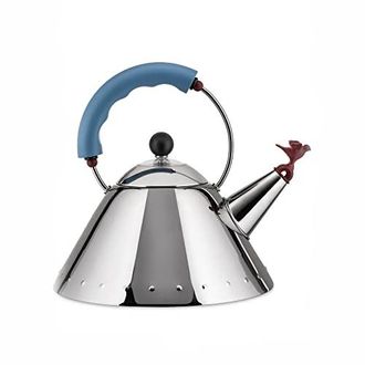 Alessi 9093 - Bouilloire en Acier Inoxydable 18/10 Brillant avec Poign&eacute;e et Sifflet-Oisillon - Bleu Clair