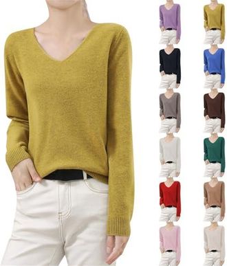 Generic Pull pour femme - Col en V - Pull en tricot décontracté - Élégant - Manches longues - Couleur unie - Tricot fin - Léger et ample - Manches longues - D