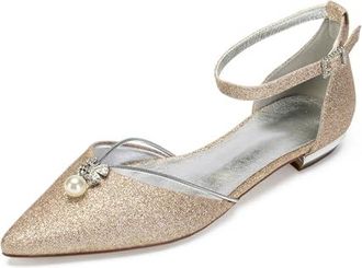 Generic Mariage &Agrave; Bout Ferm&eacute; Brillants Chaussures Plates Mari&eacute;e &Agrave; Bout Pointu pour Femmes Robe Cheville Plates 1.8Cm,Champagne,43 EU