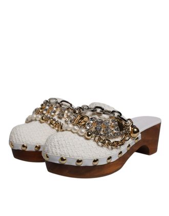 Dolce & Gabbana Womens White Raffia Clogs Bejeweled Chain Sandals Shoes Viscose Leather Cotton