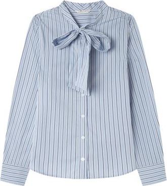 Springfield Striped Shirt with Bow and Mao Collar Chemise, Bleu, 38 Femme