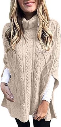 Generic Poncho en tricot &agrave; col roul&eacute; pour femme avec motif cable, &eacute;l&eacute;gant, ample, cape chaude, chandails, robe, pull-over, chic, hauts, beige, M