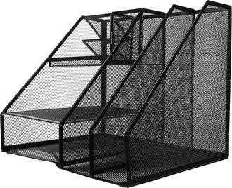 Angoily Metall Mesh Dokumentenhalter mit Stiftebox Links Schwarzer Schreibtisch Organizer f&uuml;r Akten Zeitschriften B&uuml;roaufbewahrung und Papierablage