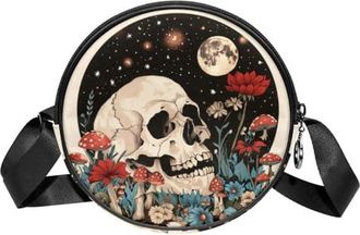 Generic Petit sac &agrave; bandouli&egrave;re rond pour femme, motif fleurs squelettes avec fermeture &eacute;clair, bretelles r&eacute;glables, sac &agrave; main rond d&eacute;contract&eacute; pour femmes e