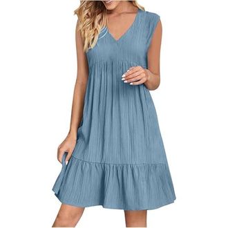 Generic Robe d&eacute;t&eacute; sans manches pour femme - Col en V - D&eacute;contract&eacute;e - Volants - Ligne A - Swing - 2025, bleu, XXL