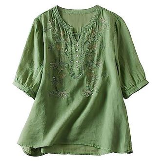 Generic Haut d&eacute;t&eacute; &agrave; manches 3/4 pour femme - Motif floral brod&eacute; - Style r&eacute;tro boh&egrave;me ethnique paysanne - Chemisier tendance, Vert, XXL