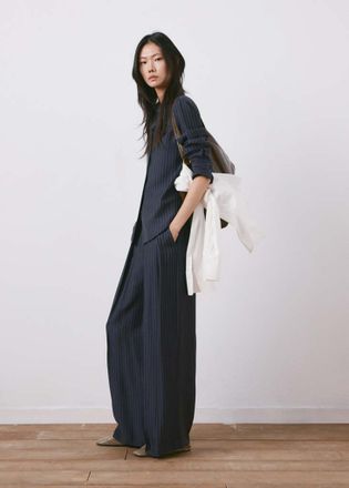 Mango Pantalon wide leg &agrave; rayures tennis en contraste bleu marine - Femme - 36 - MANGO