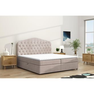 Loftscape home24 Boxbett Miriam mit Stauraum 200 x 200cm Samt Beige/Beige Buche