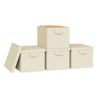 Woltu Lot de 4 Boîtes de Rangement Pliables, Paniers de Rangement en Tissu Non Tissé, avec Couvercle et Poignées, pour Jouets et Vêtements, Crème, 48x36x30c