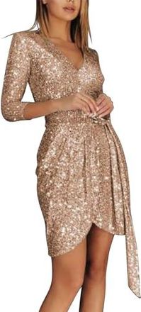 Generic Robe à paillettes courte à paillettes pour femme, robe de soirée tendance à col en V, robe de soirée classique polyvalente avec ceinture, élégante, ba