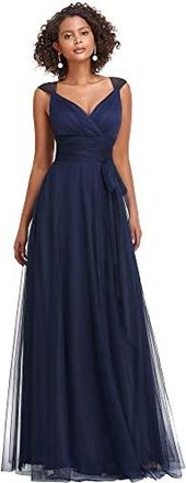 Ever-pretty Robe de Soiree Femme Longue Tulle Col V A Line Robe de Bal Chic Bleu Marine 38
