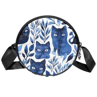 Generic Sac &agrave; bandouli&egrave;re rond pour femme, motif feuilles bleues et chats avec fermeture &eacute;clair, bretelles r&eacute;glables, sac &agrave; main rond d&eacute;contract&eacute; pour femmes 