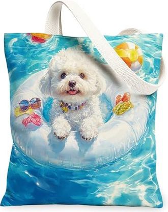 Generic Sac fourre-tout amusant en toile motif bichon fris&eacute; pour le shopping 33 x 38 cm, sac &agrave; bandouli&egrave;re r&eacute;utilisable pour femme, peinture danimaux domestiq