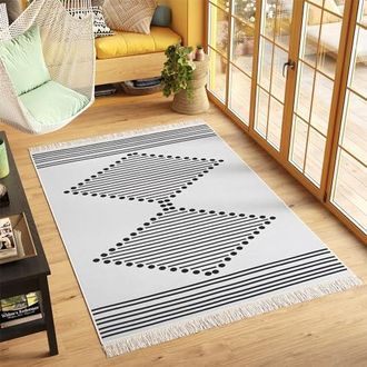 Tapiso Azteca Tapis en Coton &agrave; Franges Lavable R&eacute;versible Moderne Noir Cr&egrave;me Ethnique Tapis Salon Chambre Petit Tapis Descente de Lit Tapis de Passage Oeko-T