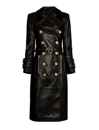 Generic Trench en cuir PU noir pour femme - Double boutonnage revers crant&eacute; ceinture veste mi-longue veste dext&eacute;rieur, Noir, L