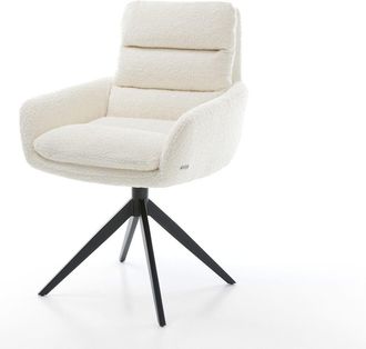 DELIFE Drehstuhl Abelia-Flex mit Armlehnen Boucl&eacute; Wei&szlig; Kreuzgestell breit Schwarz 360&deg; drehbar Wippfunktion, Esszimmerst&uuml;hle