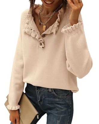 Generic Pull dhiver à manches longues et col rond décontracté pour femme, beige, 3XL