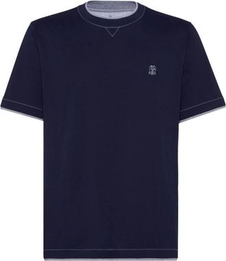 Brunello Cucinelli Homme, Tops, Bleu, Taille: 2XL T-shirt &agrave; col rond avec surpiq&ucirc;res contrast&eacute;es