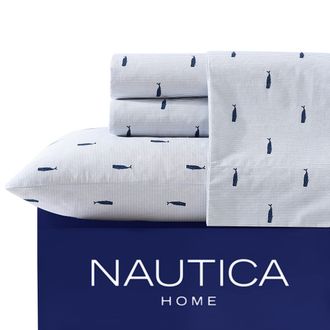 Nautica Bettwäsche-Set für Doppelbett, Baumwoll-Perkal-Bettwäsche-Set, Küstendekoration, Schlafsaal-Essentials (Wal gestreift Blau, Twin XL)