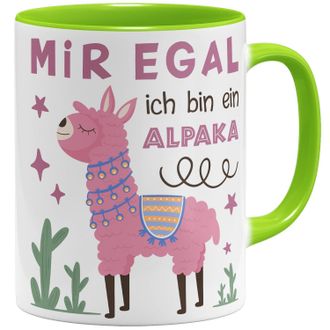 OM3 lustige Alpaca Lama Kaffee-Tasse mit Spruch - Mir egal ich bin ein Alpaka - Keramik Becher - 325ml - Beidseitig Bedruckt - Hellgr&uuml;n