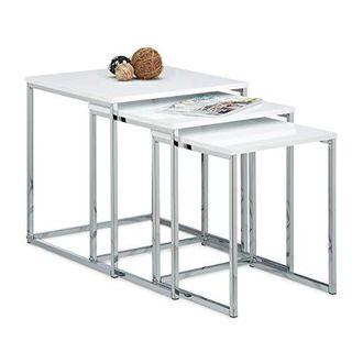 Relaxdays 10020360 Table gigogne lot de 3 HxlxP: 42 x 40 x 40 cm table basse appoint plateau carr&eacute; en bois avec pieds en m&eacute;tal bout de canap&eacute;, blanc