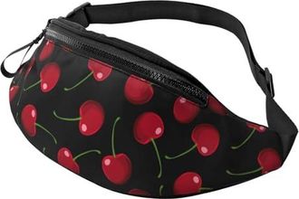 Generic Cerises Rouges Sur Fond Noir Sac Banane Polyvalent Sac &Agrave; Bandouli&egrave;re Unisexe Sacoche Ceinture Pour Randonn&eacute;e Camping Voyages 14X35Cm