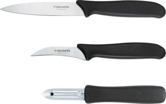 Fiskars Schäl-Set, 3-teilig, Schälmesser (11-cm-Klinge), Gemüsemesser (7-cm-Klinge), Sparschäler (7-cm-Klinge), Essential, Edelstahl / PP-Kunststoff, Schwarz,