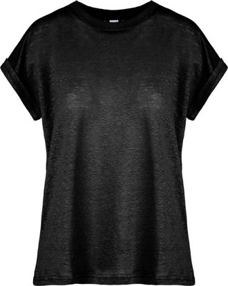 Bomboogie Femme, Tops, Noir, Taille: 44 FR T-shirt en lin &agrave; col rond