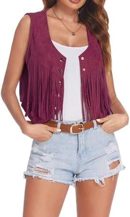 Generic Tenues occidentales pour femmes, gilet &agrave; franges boh&egrave;me, veste de cowboy turquoise, gilets de cowboy vintage, veste western classique, violet, XXL