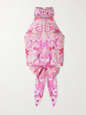 Camilla Haut Raccourci Dos Nu En Soie Imprim&eacute;e &Agrave; Cristaux - Rose