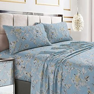 Tribeca Living Bettwäsche-Set, große Doppelbett-Größe (King Size), Fadenzahl 300, weicher Baumwollsatin, Blumendruck, extra Tiefe Taschen, 4-teilig, Blau (Colmar Sky