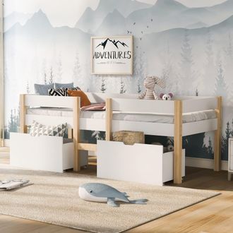 Generic Kinderbett 90x200, Hochbett Holzbett mit Rausfallschutz&Lattenrost, Halbhochbett mit 2 Schubladen&Leiter, Jugendbett Bettgestell Einzelbett Bett für M