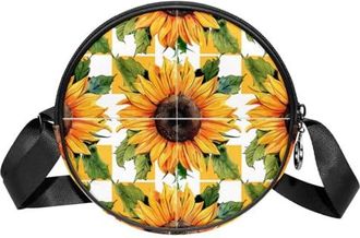 Generic Petit sac &agrave; bandouli&egrave;re rond pour femme, motif tournesol avec fermeture &eacute;clair, bretelles r&eacute;glables, style d&eacute;contract&eacute;, pour femmes et filles
