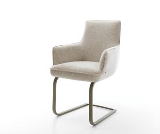 DELIFE Freischwinger Heira-Flex mit Armlehnen Webstoff Soft Beige Freischwinger flach Effektfinish Titan Taschenfederkern, Esszimmerst&uuml;hle