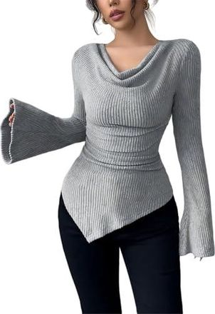 Generic Y2K Bell Haut &agrave; manches longues et &eacute;paules d&eacute;nud&eacute;es pour femme - Asym&eacute;trique - Tricot c&ocirc;tel&eacute; ajust&eacute; - Pull de travail d&eacute;contract&eacute;, gris, XXL