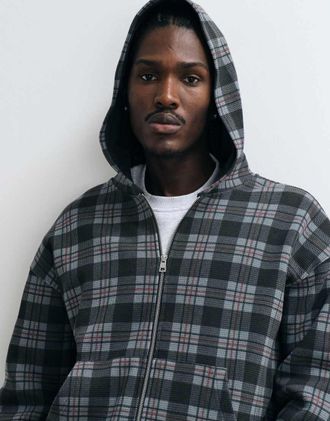 Cotton On Sweat &agrave; capuche zipp&eacute; &agrave; carreaux - Noir d&eacute;lav&eacute;