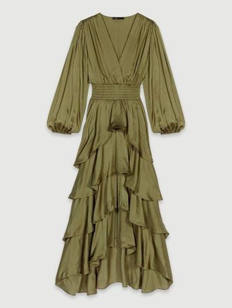 Maje Robe Longue &Agrave; Volants - Vert - Maje