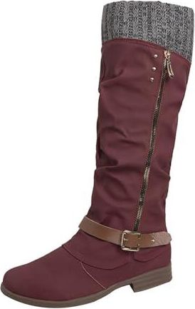 Generic Bottes hautes pour femme - Style d&eacute;contract&eacute; et confortable - Col en tricot &eacute;l&eacute;gant - Boucle &agrave; talon bas - Fermeture &eacute;clair lat&eacute;rale - Bottes d&eacute;quitat