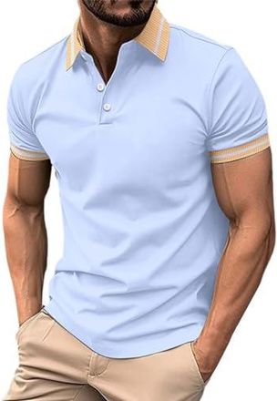 Generic Chemise ray&eacute;e pour homme - Mode printemps et &eacute;t&eacute; - D&eacute;contract&eacute; - Manches courtes - Revers - Couleur unie - T-shirt &agrave; manches courtes, bleu clair, XXL