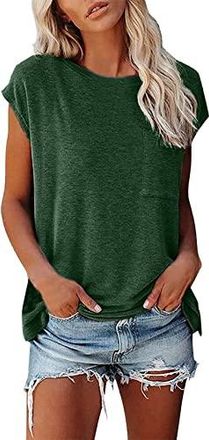 Generic Chemisier uni à manches courtes pour femme - T-shirt à manches courtes décontracté uni - Haut basique ample à col rond - Avec poche - Tenues pour la v