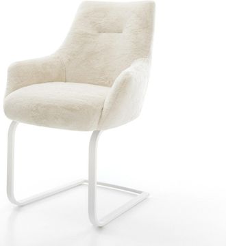 DELIFE Freischwinger Alja-Flex mit Armlehnen Pl&uuml;sch Creme-Wei&szlig; Freischwinger flach Wei&szlig; Taschenfederkern, Esszimmerst&uuml;hle