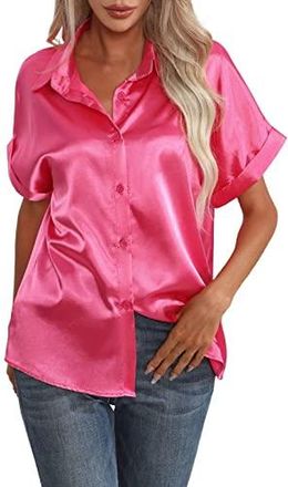 Generic Haut en satin &agrave; manches courtes pour femme - Chemisier en satin pour femme - Chemisier en soie &agrave; manches courtes de couleur unie - &Eacute;l&eacute;gant col en V - 