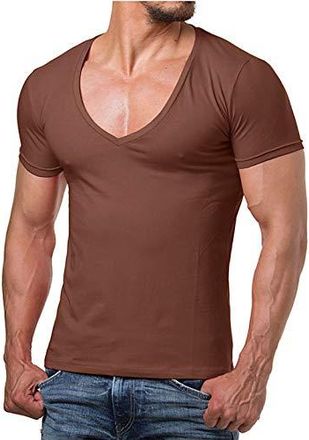 ReRock T-shirt RR-1315 pour homme Young & Rich 1315 avec col en V profond - Couleur unie - Tailles S à 3XL, marron, XXL