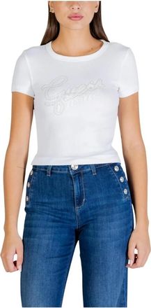 Guess Femme, Tops, Blanc, Taille: 38 FR T-shirt imprim&eacute; orn&eacute; de strass avec col rond