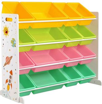 Songmics Songmics - tagère pour jouets, Meuble de rangement pour enfant, Organisateur, avec 16 coffres amovibles en plastique, boîtes à jouets, Jaune, Vert