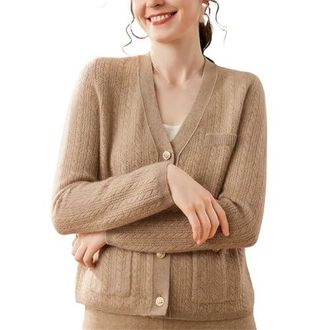 Generic Cardigan &agrave; col en V 100 % cachemire pour femme - Veste dhiver unie douce et confortable en tricot &eacute;l&eacute;gant, Ye Zong Camel, Taille XL