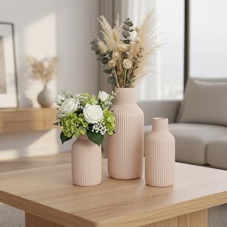 Relaxdays Vasen 3er Set, Blumenvasen, 3 versch. Gr&ouml;&szlig;en, Frisch- & Trockenblumen, Dekovase aus Keramik, Tischdeko, beige