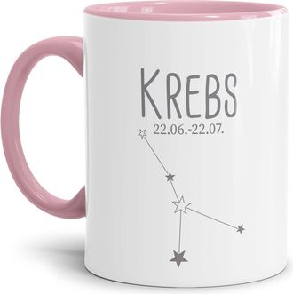 Tassendruck Tasse mit Sternzeichen Krebs - Sternbild Kaffeetasse mit Spruch - Geschenk zum Geburtstag, Horoskop, Astronomie - Keramik Innen & Henkel Rosa, 300 ml 