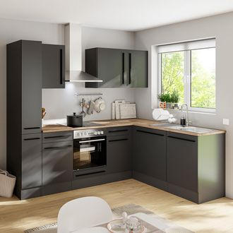 Casa home24 Eck-K&uuml;chenzeile 250cm Schwarz/Matt Schwarz mit Elektroger&auml;ten